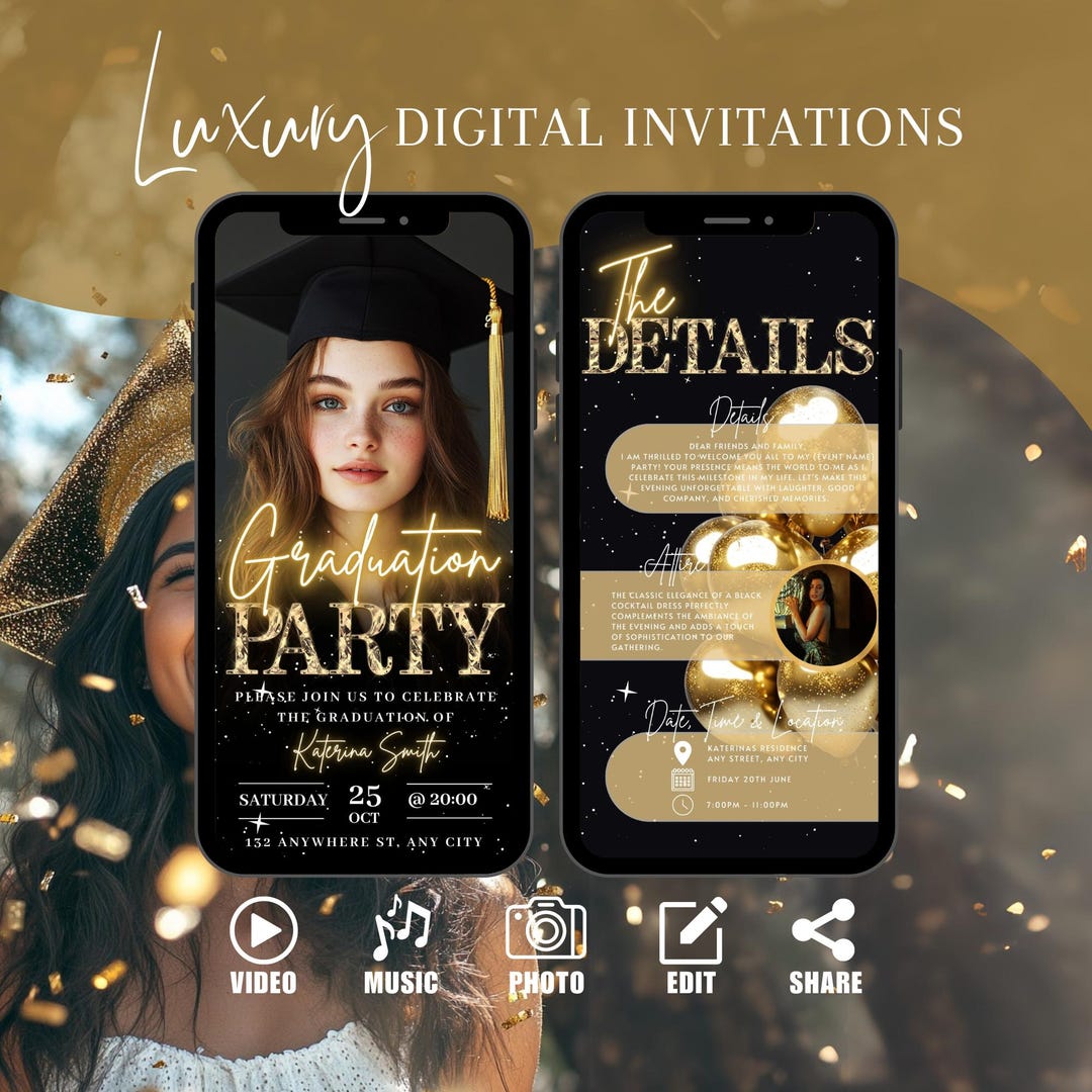 Animated Graduation Invitation, Grad Invite, Gold Black Graduation ...