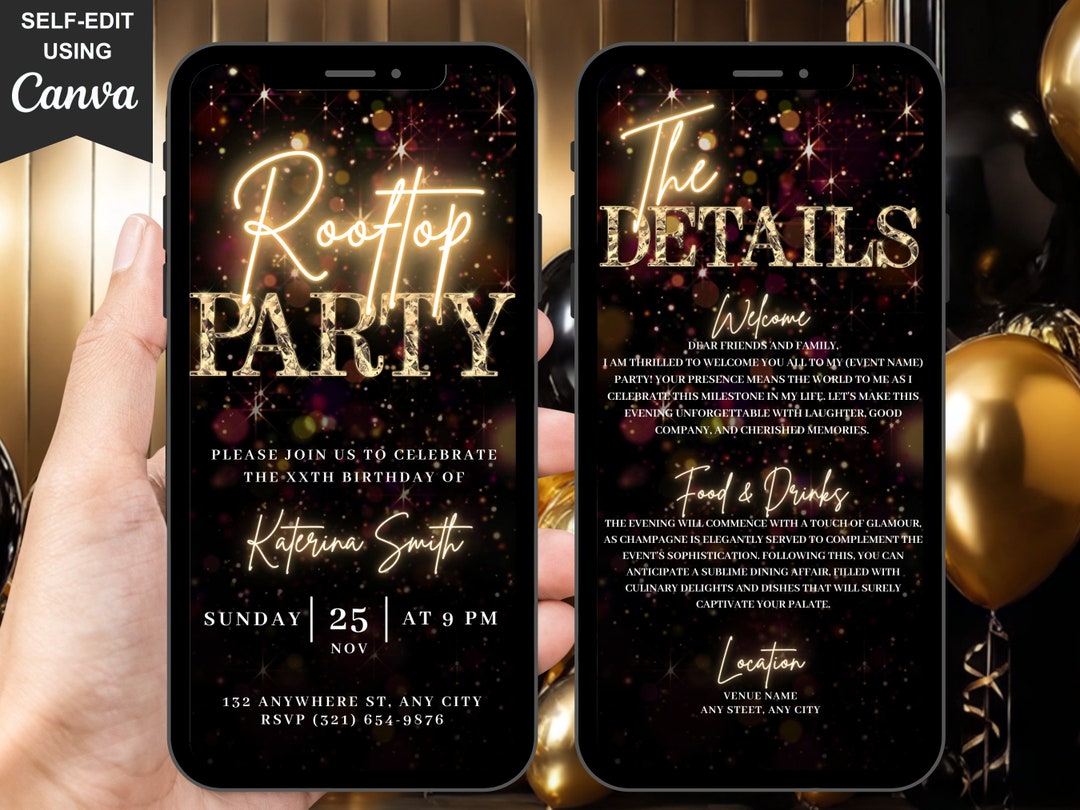 Digital Rooftop Gold Invitation, Animated Birthday Brunch Dinner Party ...
