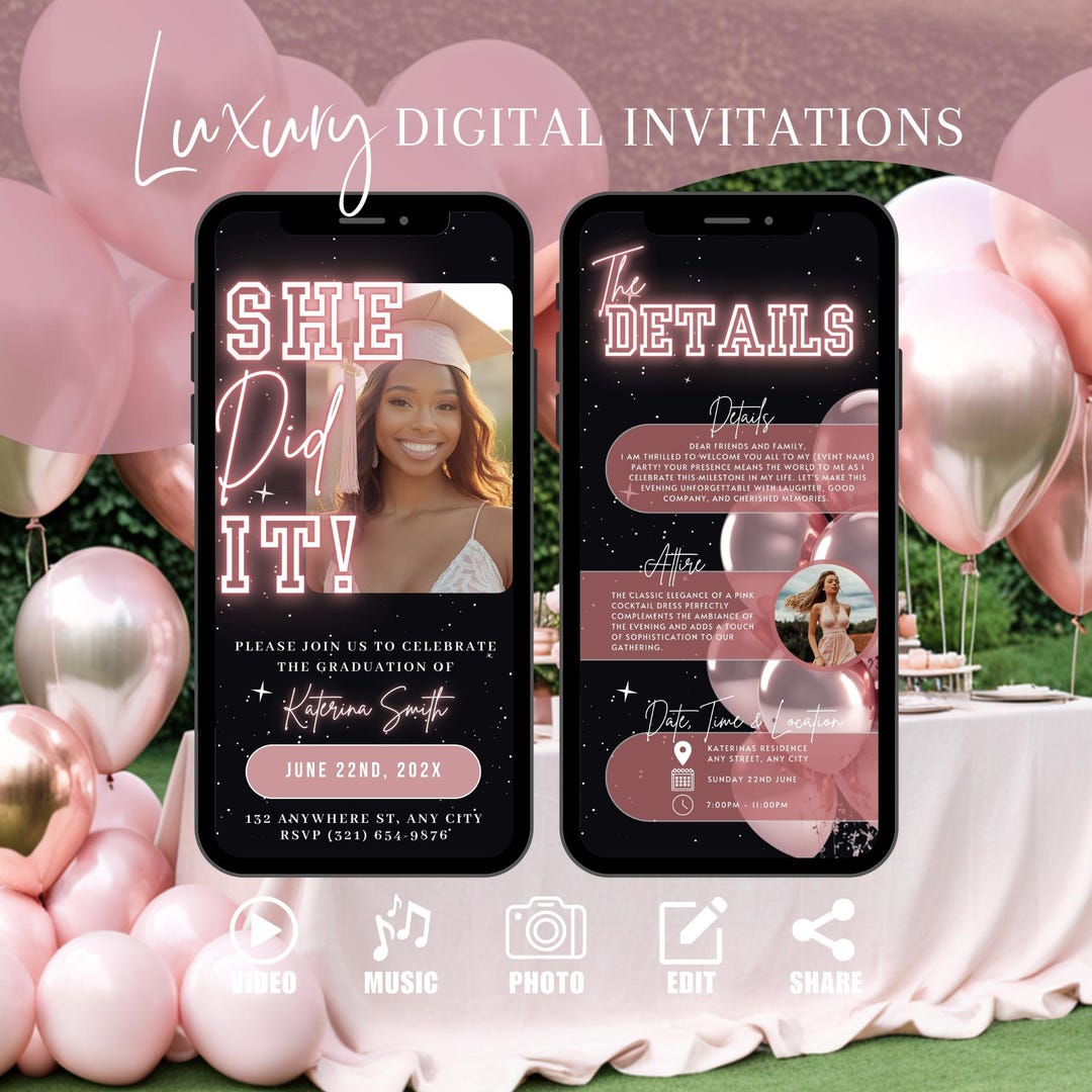 Digital Graduation She Dit It Invitation, Pink Class of 2025 Invite ...