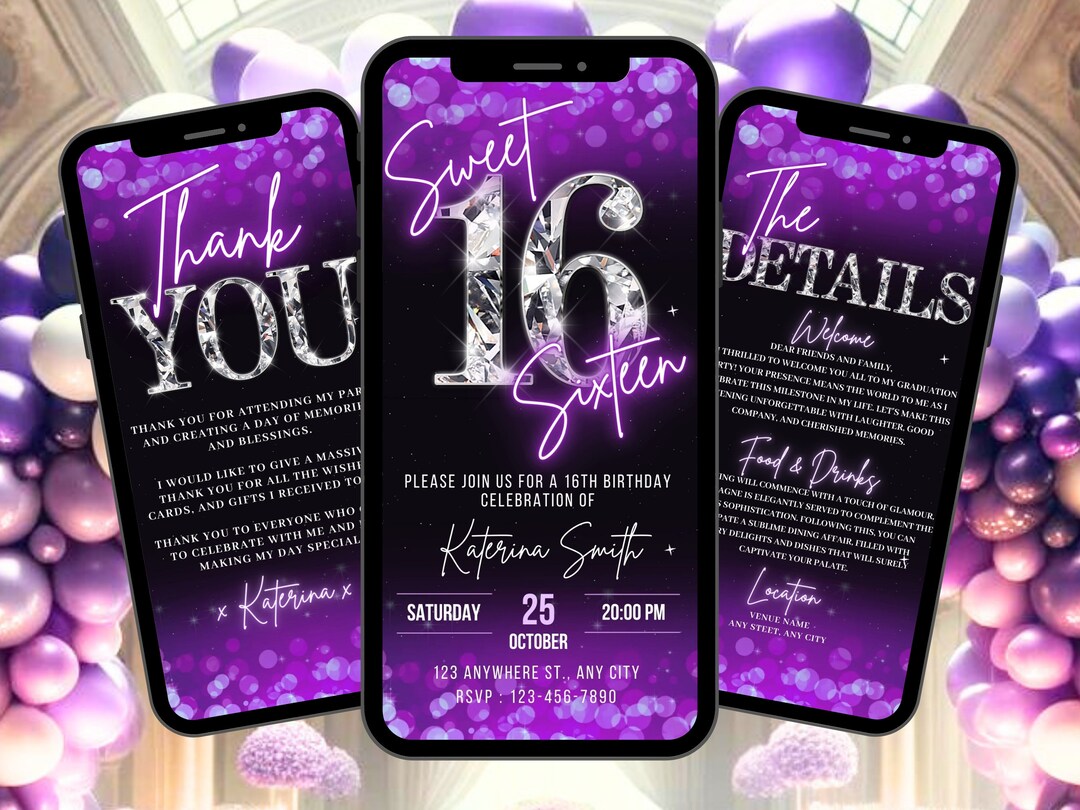 Digital Sweet Sixteen Invitation, Animated 16th Birthday Purple Diamond ...