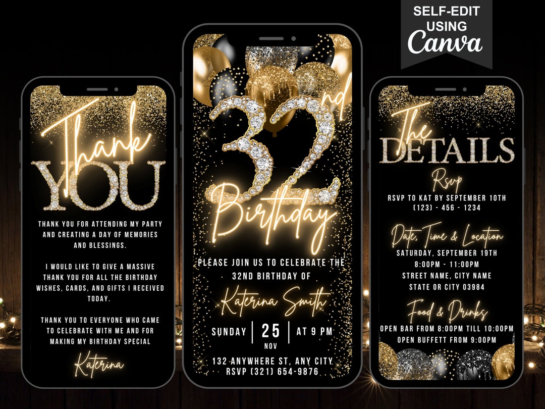 Digital 32nd Birthday Invitation, 32 Invite, Animated Black Gold ...