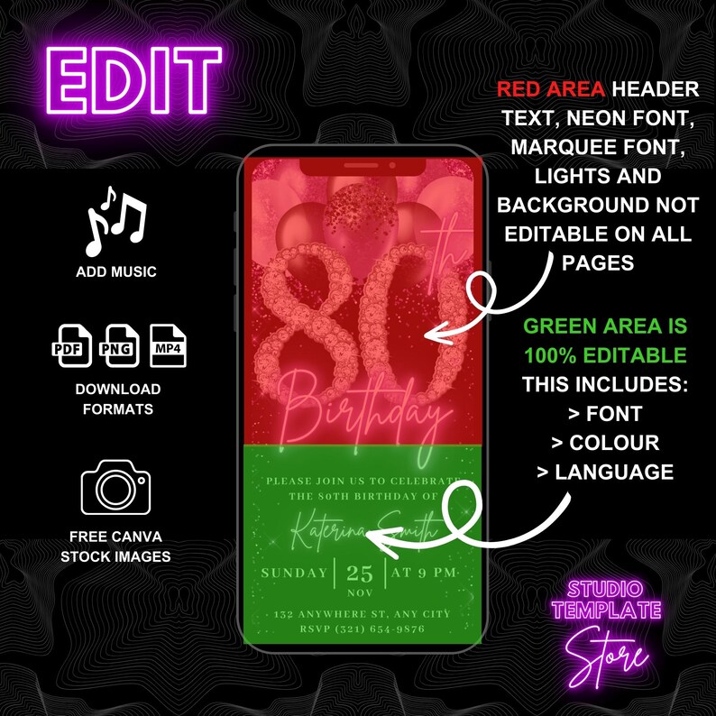 80th Digital Flyer Birthday Invitation, Video 80th Purple Dinner Party ...