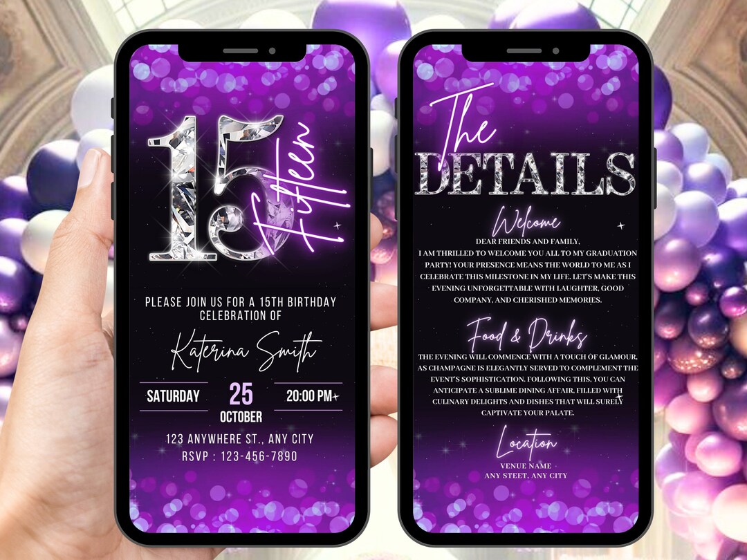 Digital 15th Birthday Invitation, Animated Turning 15 Purple Fifteen ...