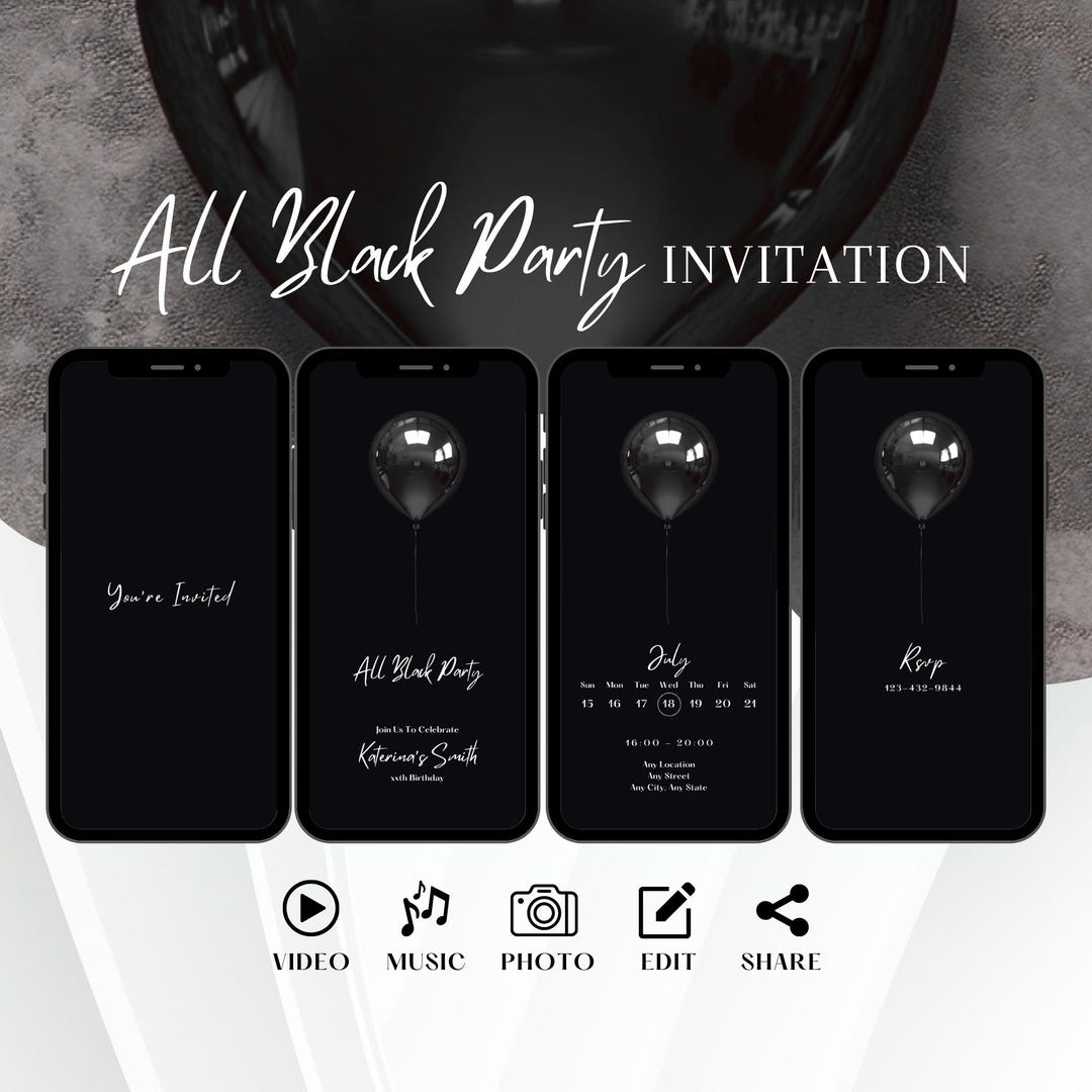 Minimalist All Black Party Invitation, Elegant Animated Birthday Invite ...