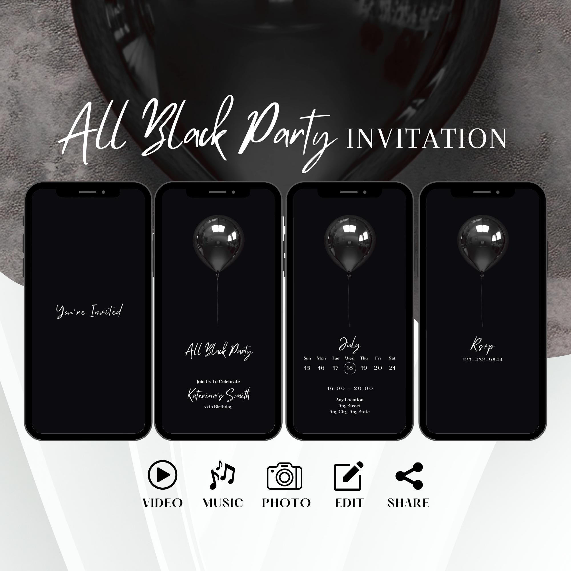 Minimalist All Black Party Invitation, Elegant Animated Birthday Invite ...