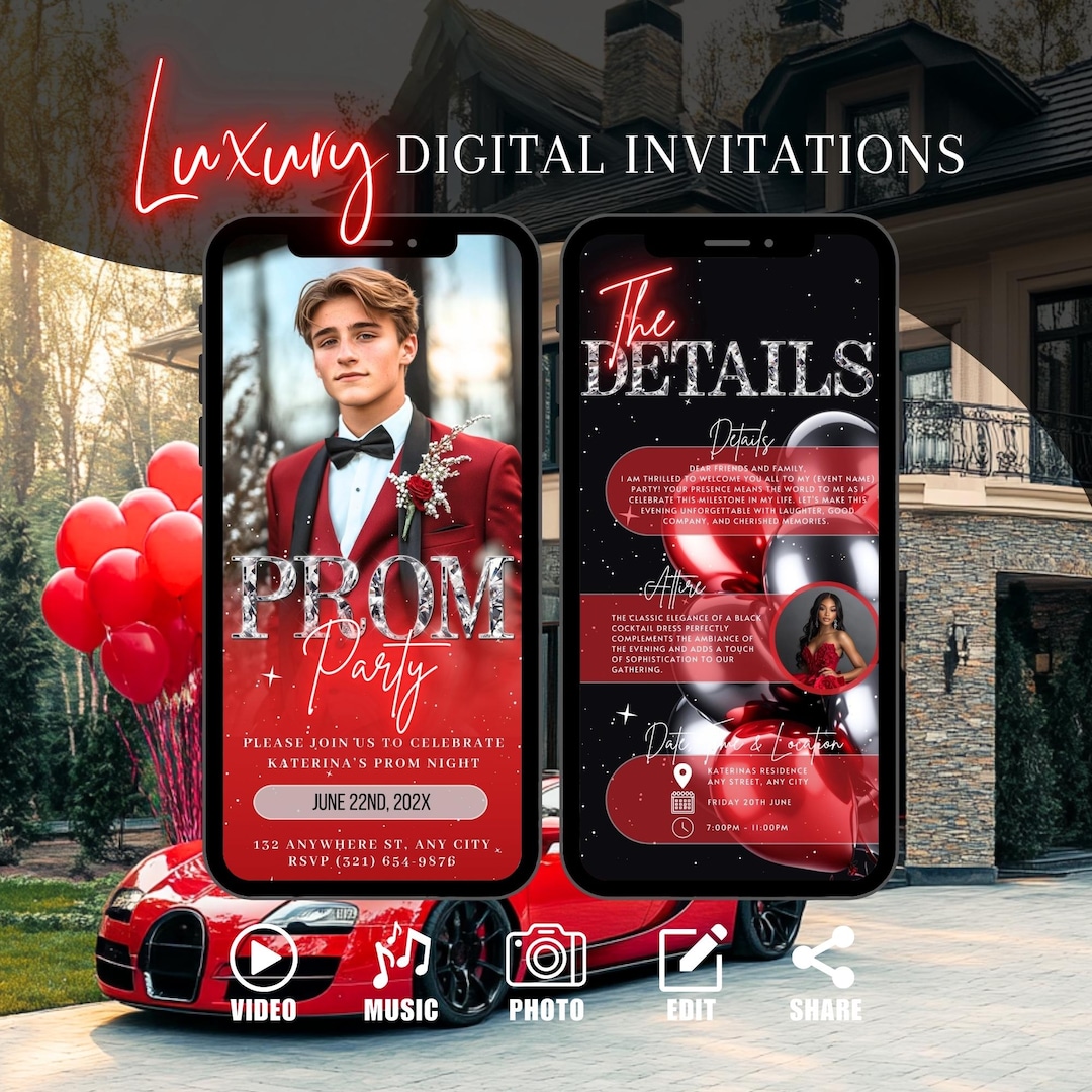 Prom Party Invitation, Red Mens Digital Glam Prom Send off Invite ...