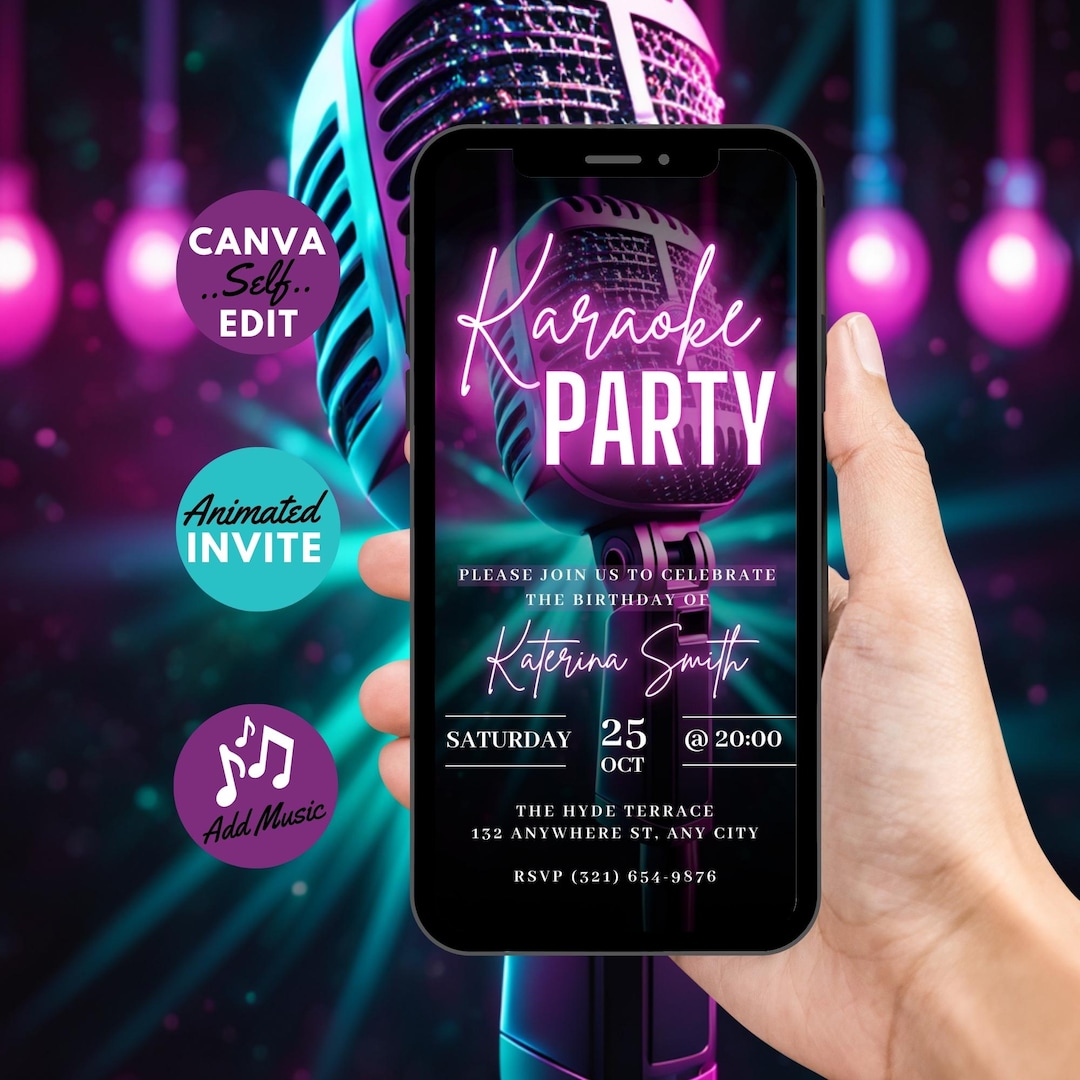 Digital Karaoke Invitation, Animated Birthday Music Night Party Invite ...