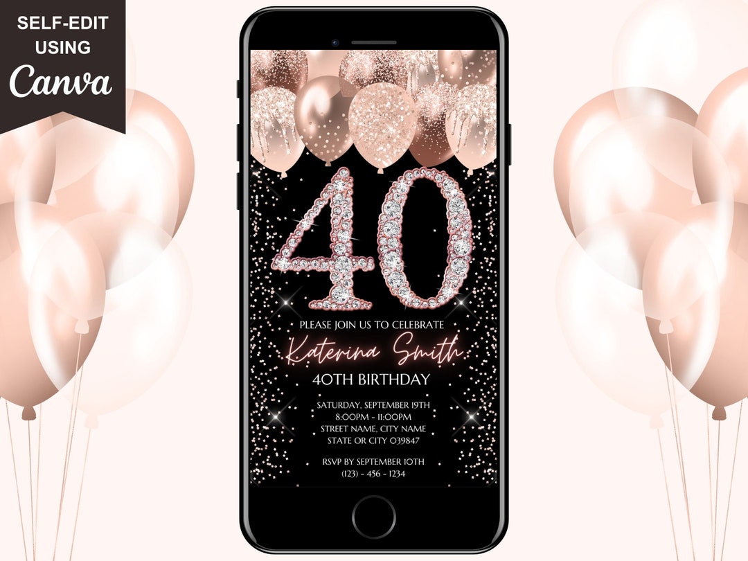 40th Digital Flyer Birthday Invitation, Electronic 40th Rose Gold Evite ...