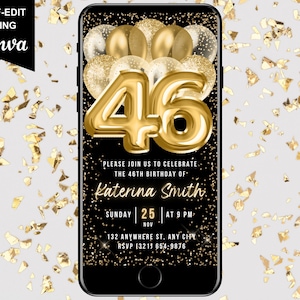 Digital 46th Birthday Invitation, Animated 46th Gold Balloon Dinner ...