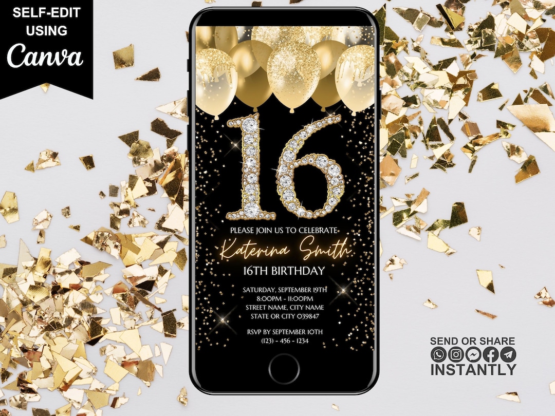 Digital Sweet 16 Invite, Animated 16th Birthday Invitation for Girls ...