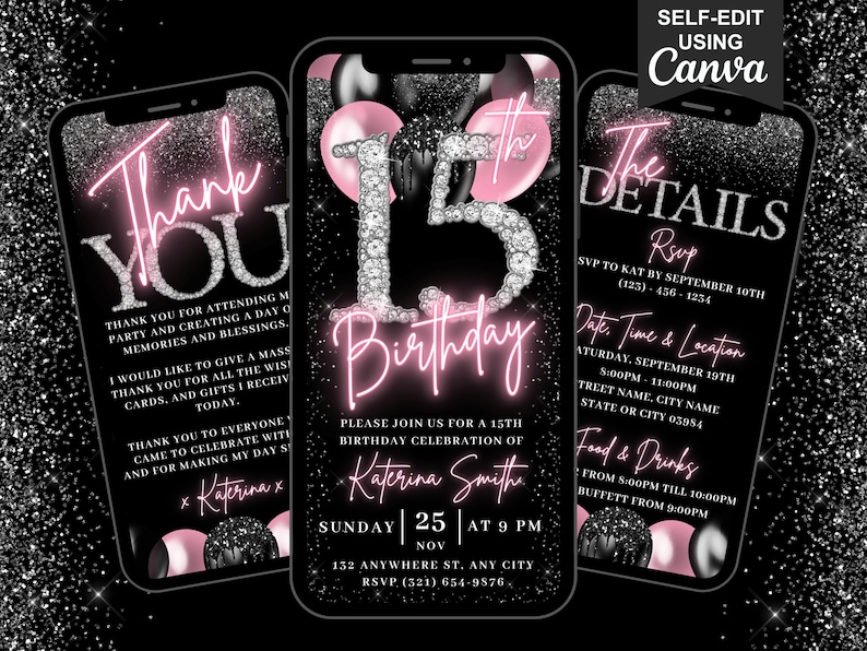 Digital 15th Birthday Invitation, Blush Pink Girls Turning 15 Diamond ...