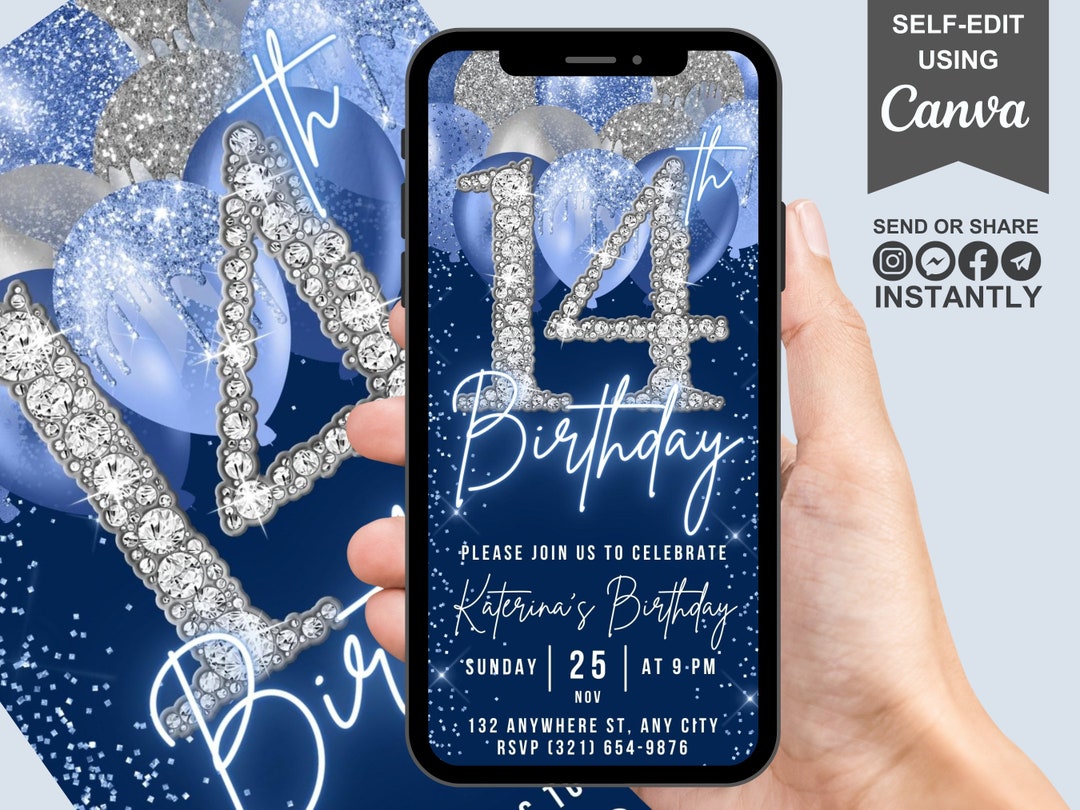 Digital 14th Birthday Invitation, Animated 14th Blue Silver Invite for ...