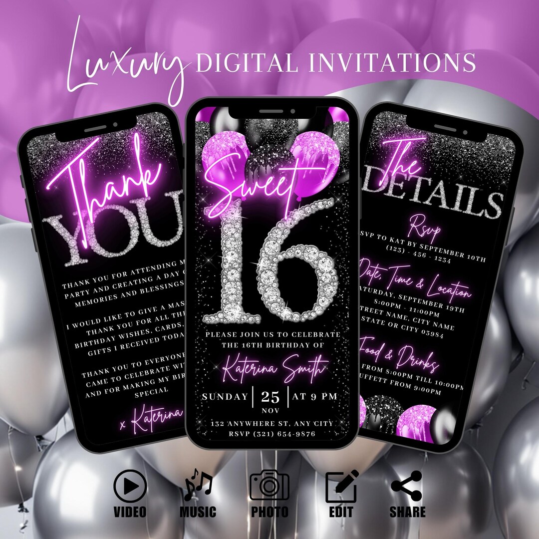 Digital Sweet 16 Birthday Invitation, Animated Sixteen Dinner Party ...