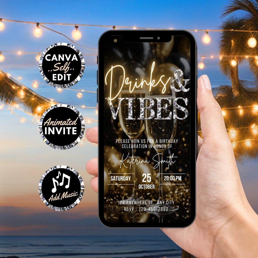 Digital Drinks & Vibes Flyer Invitation, Birthday Diamond Gold Video ...