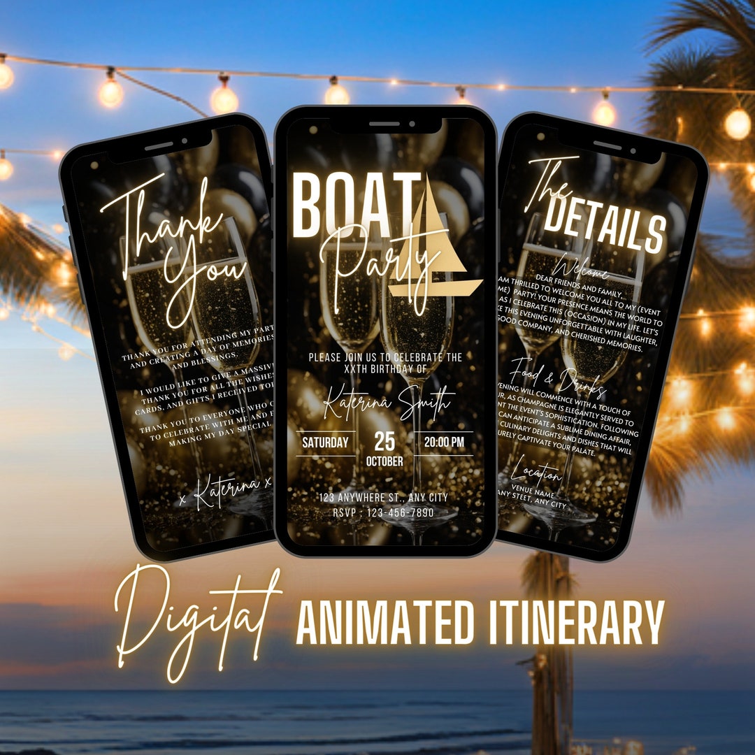 Digital Boat Party Invitation, Animated Yacht Party Invite, Black Gold ...