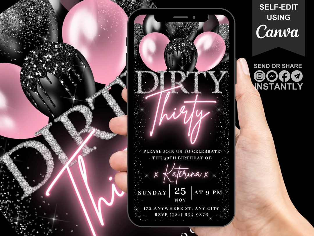 Digital Dirty 30 Birthday Invitation for Women, Thirty and Dirty Invite, Animated Blush Pink ...