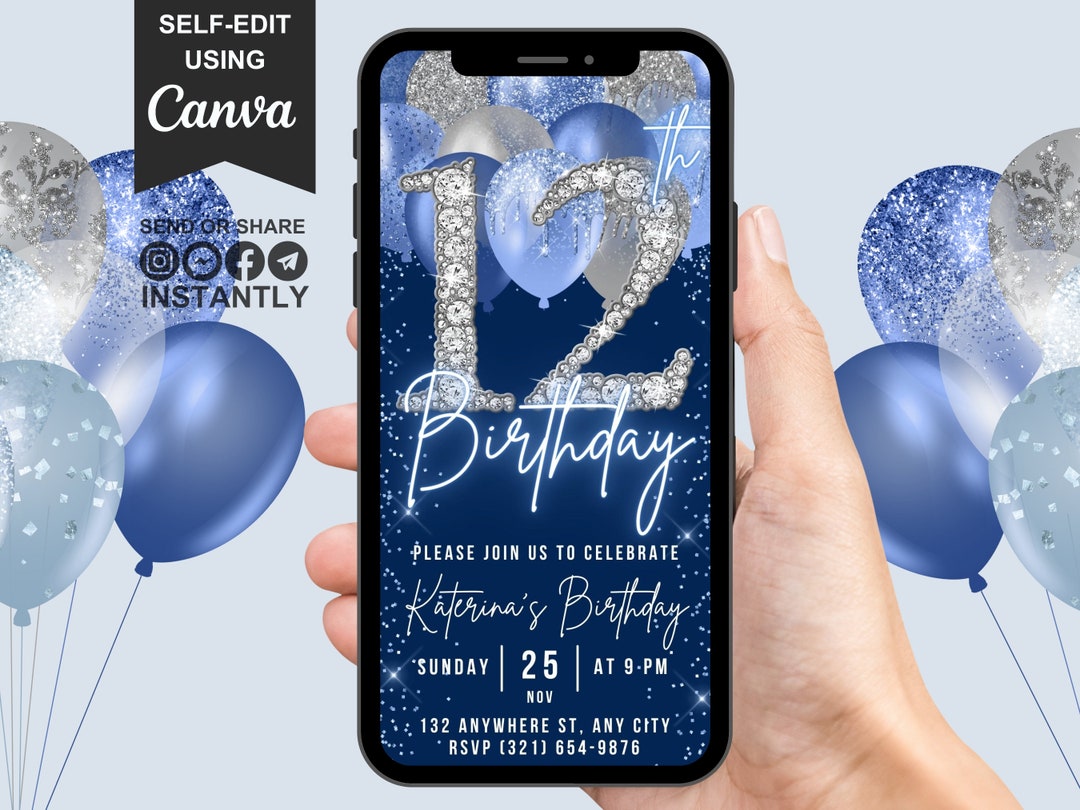 Digital 12th Birthday Invitation, Animated 12th Blue Silver Invite ...