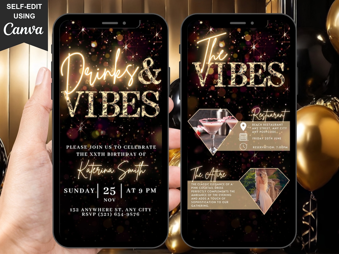 Digital Drinks & Vibes Invitation, Animated Birthday Black Gold Party ...