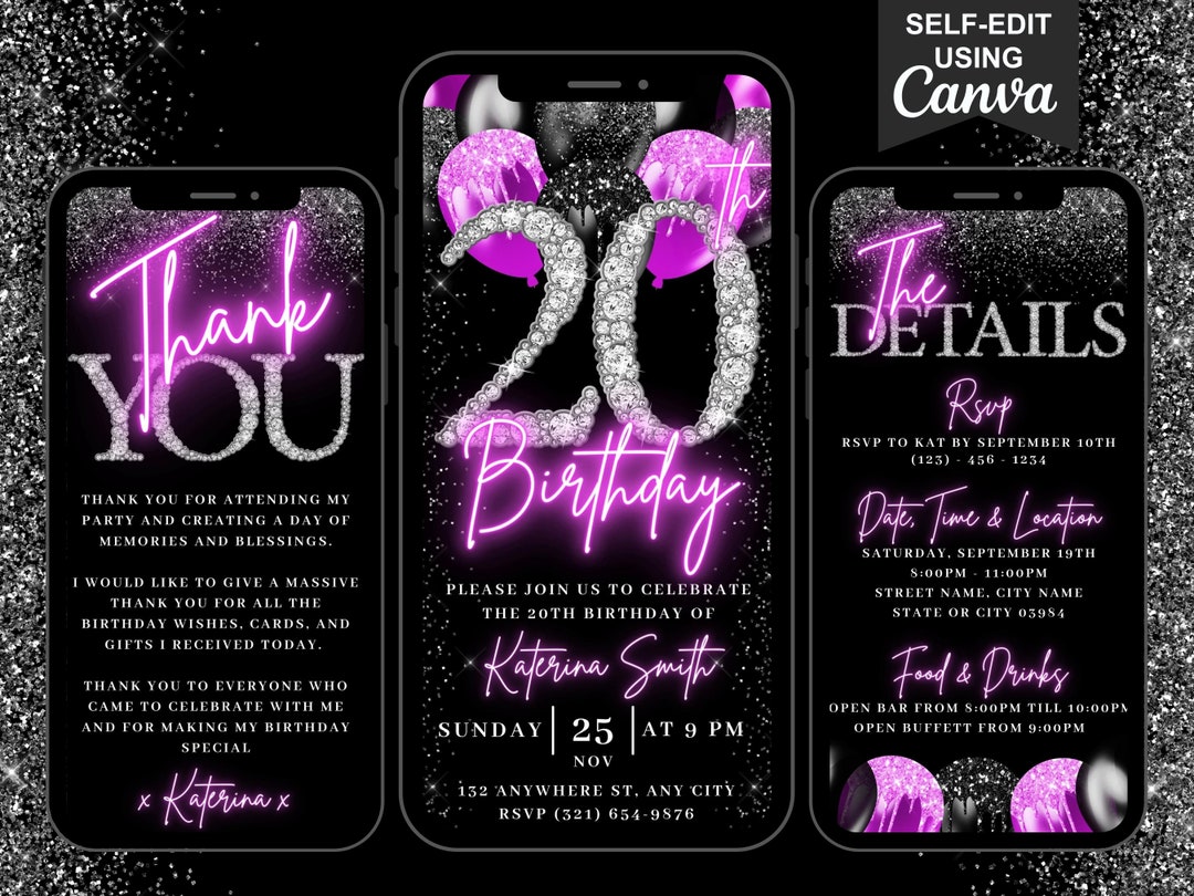 20th Digital Flyer Birthday Invitation, Animated Twenty Pink Dinner ...