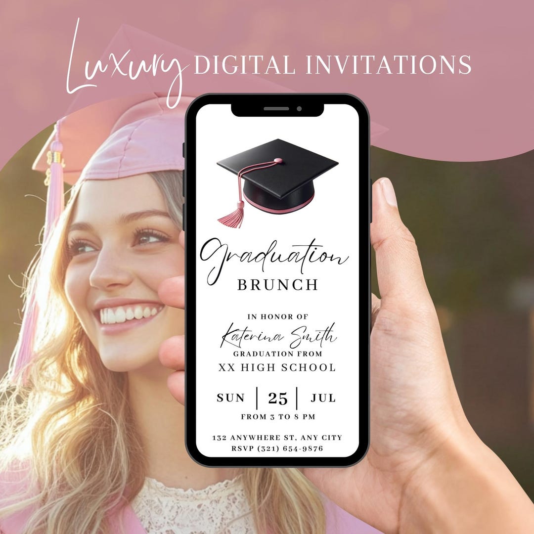 Digital Graduation Brunch Invitation, White Pink Graduate Invite ...
