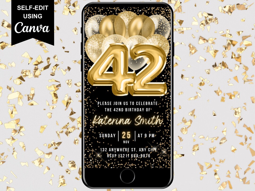 42nd Birthday Digital Invitation, Electronic Birthday Party Invite ...