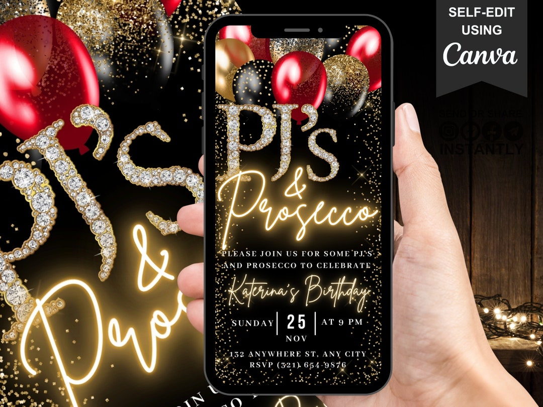 Digital Pj's & Prosecco Party Invitation, Animated Birthday Pajama Fun ...