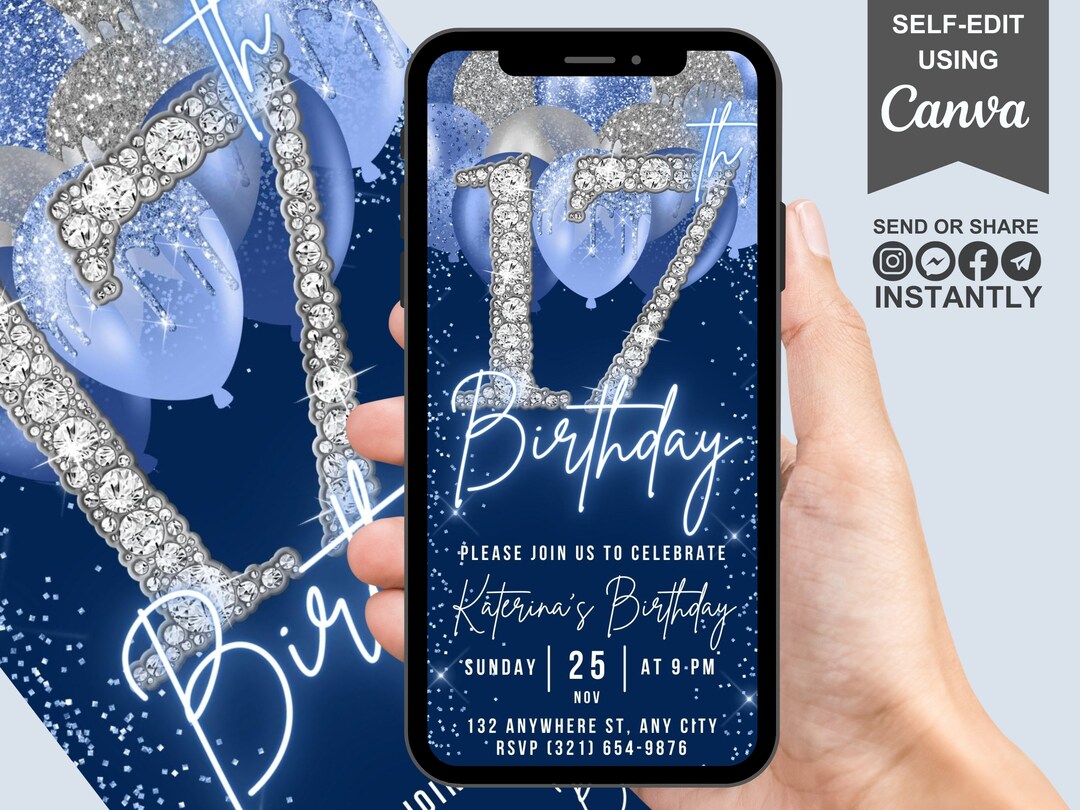 Digital 17th Birthday Invitation, Animated 17th Blue Silver Teens ...