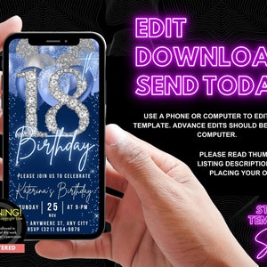 Digital 18th Birthday Invitation, Animated 18th Blue Silver Teens ...