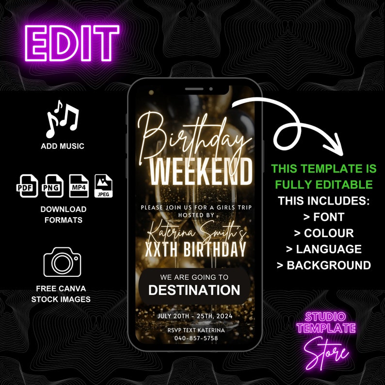 Digital Birthday Weekend Invitation, Animated Travel Itinerary, Black ...