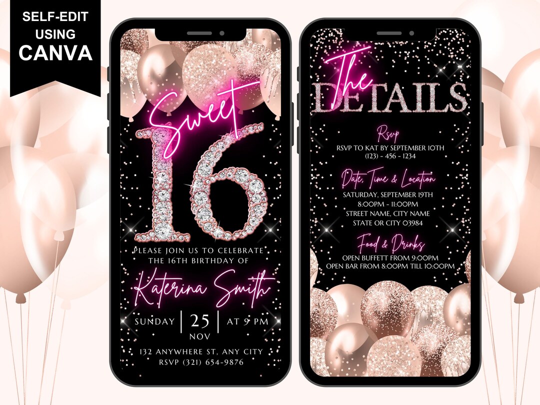 Sweet 16th Birthday Digital Invitation, Electronic 16th Birthday Party ...