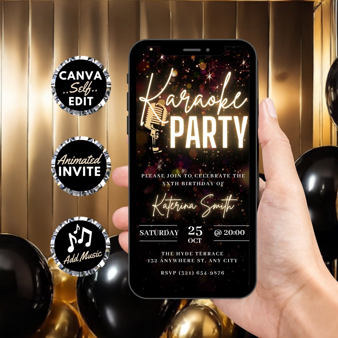 Digital Karaoke Gold Invitation, Animated Birthday Music Night Party ...