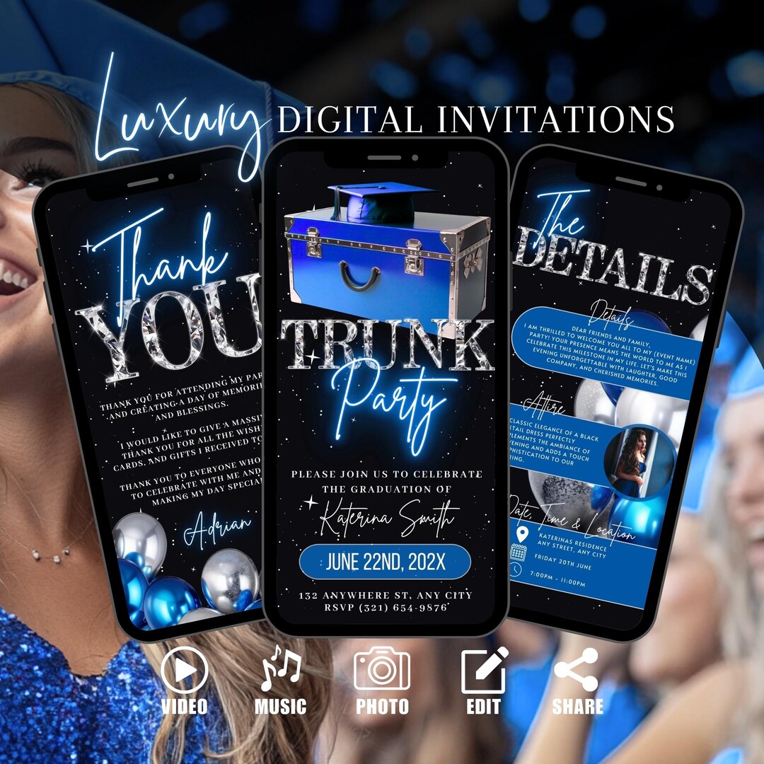 Graduation Trunk Party Invite, Blue Animated Digital College Send off ...