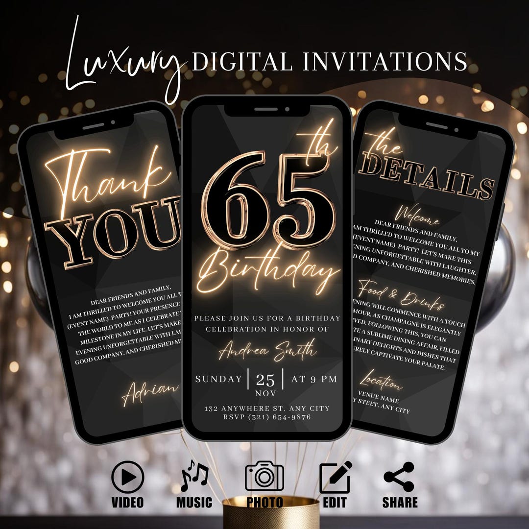 65th Birthday Party Invitation, Digital Black Gold Dinner Invite for ...