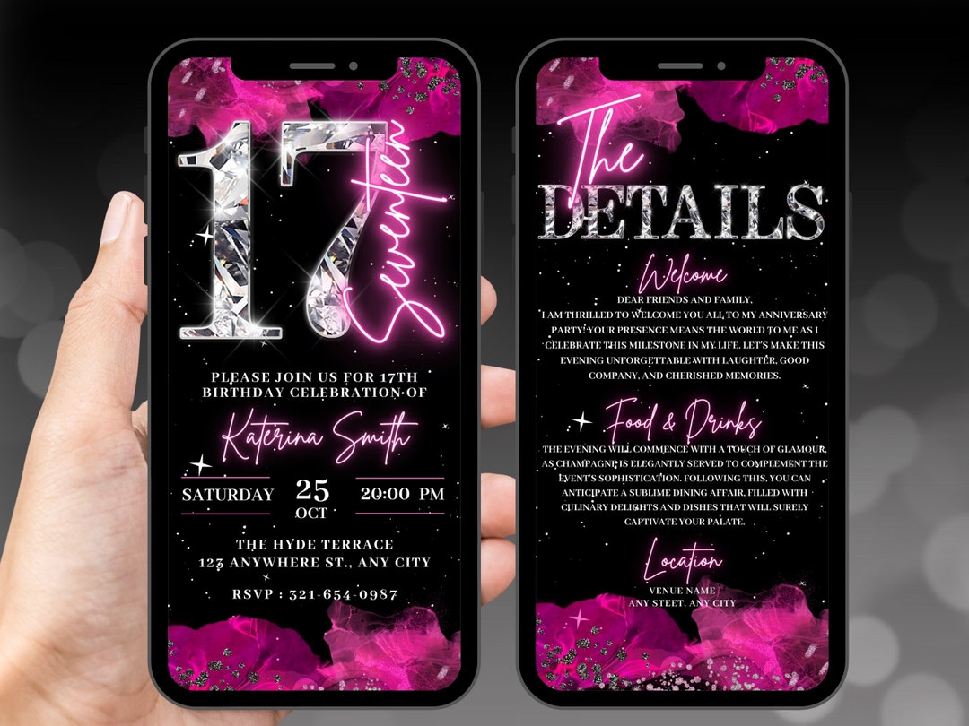 Digital 17th Birthday Invitation, Animated Hot Pink Seventeenth Party ...