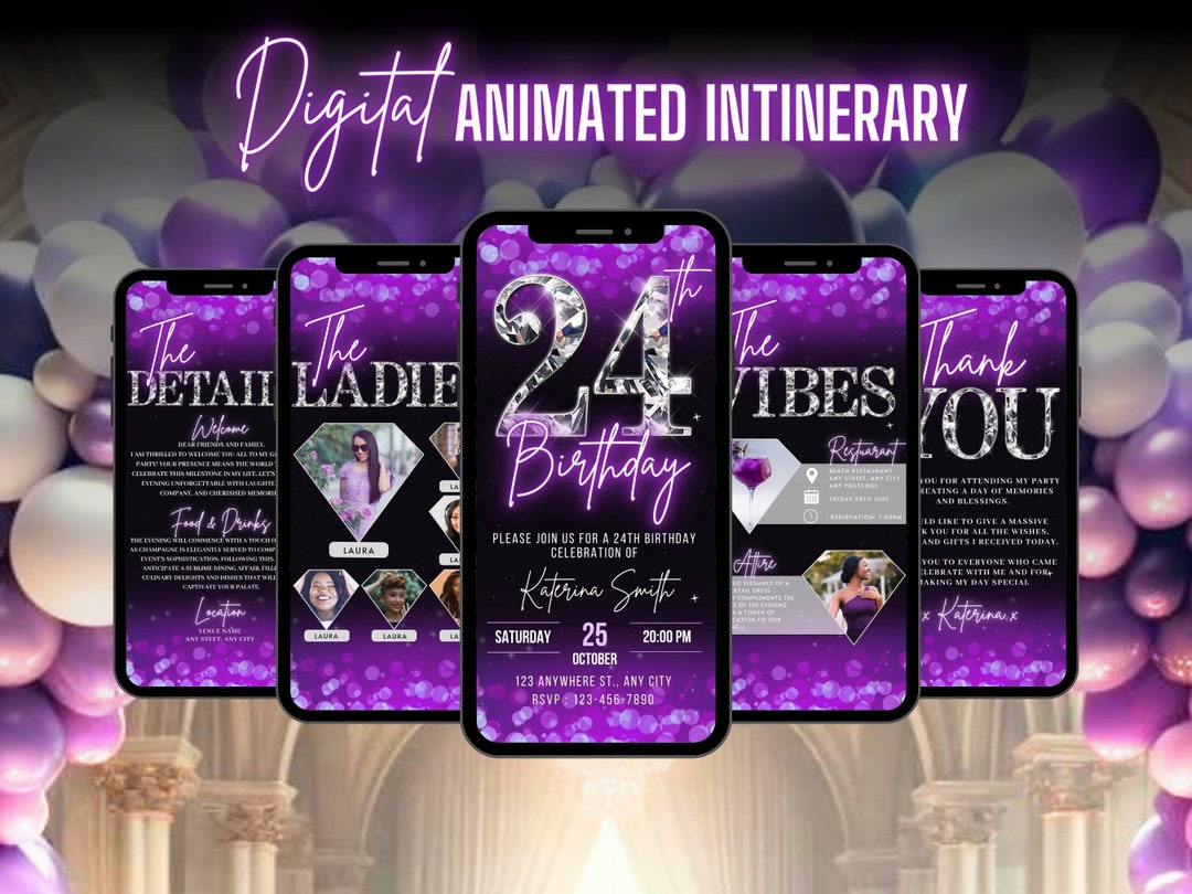 Digital 24th Birthday Invitation, Animated Purple Ladies Dinner Party ...