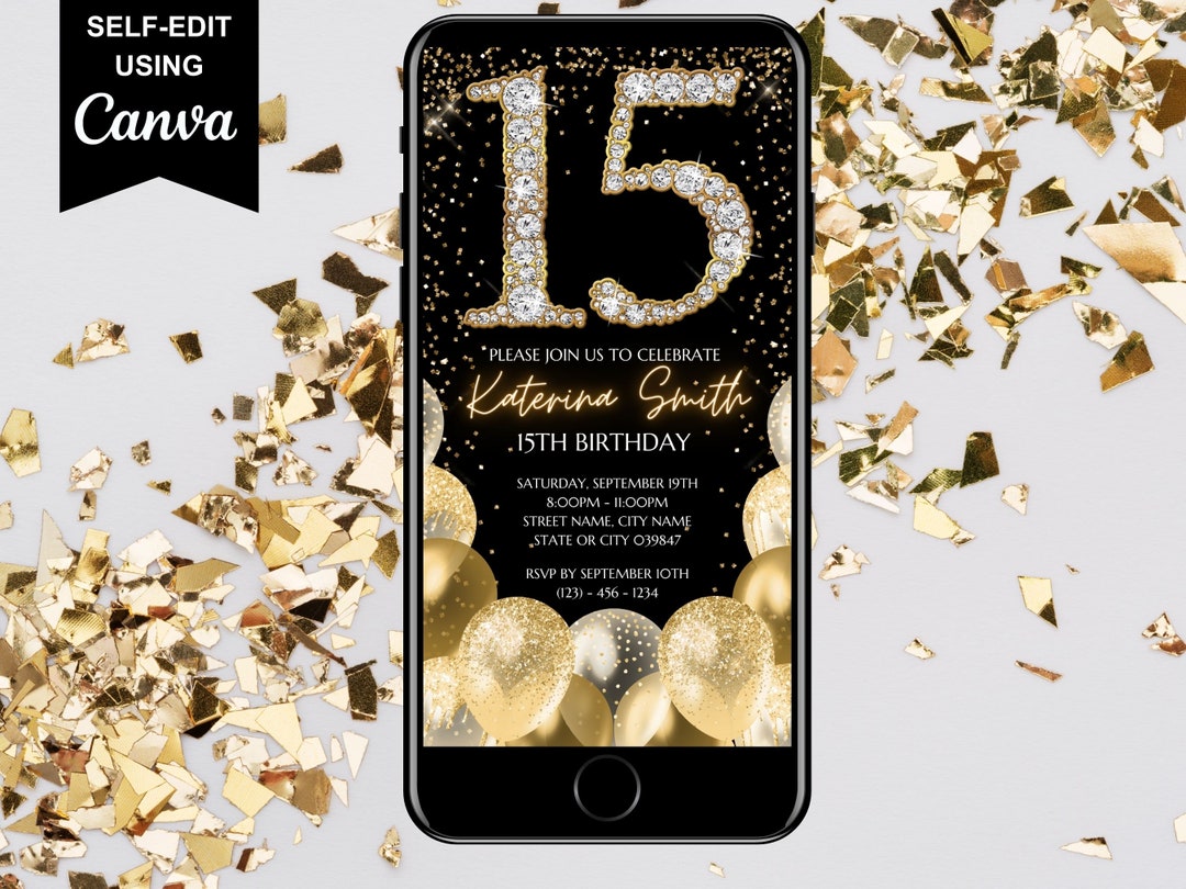 15th Digital Flyer Birthday Invitation, Sweet 15 Gold Dinner Party ...