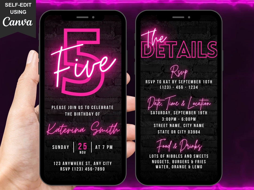 Digital 5th Birthday Invitation, Animated Fifth Pink Neon Invite, Kids ...