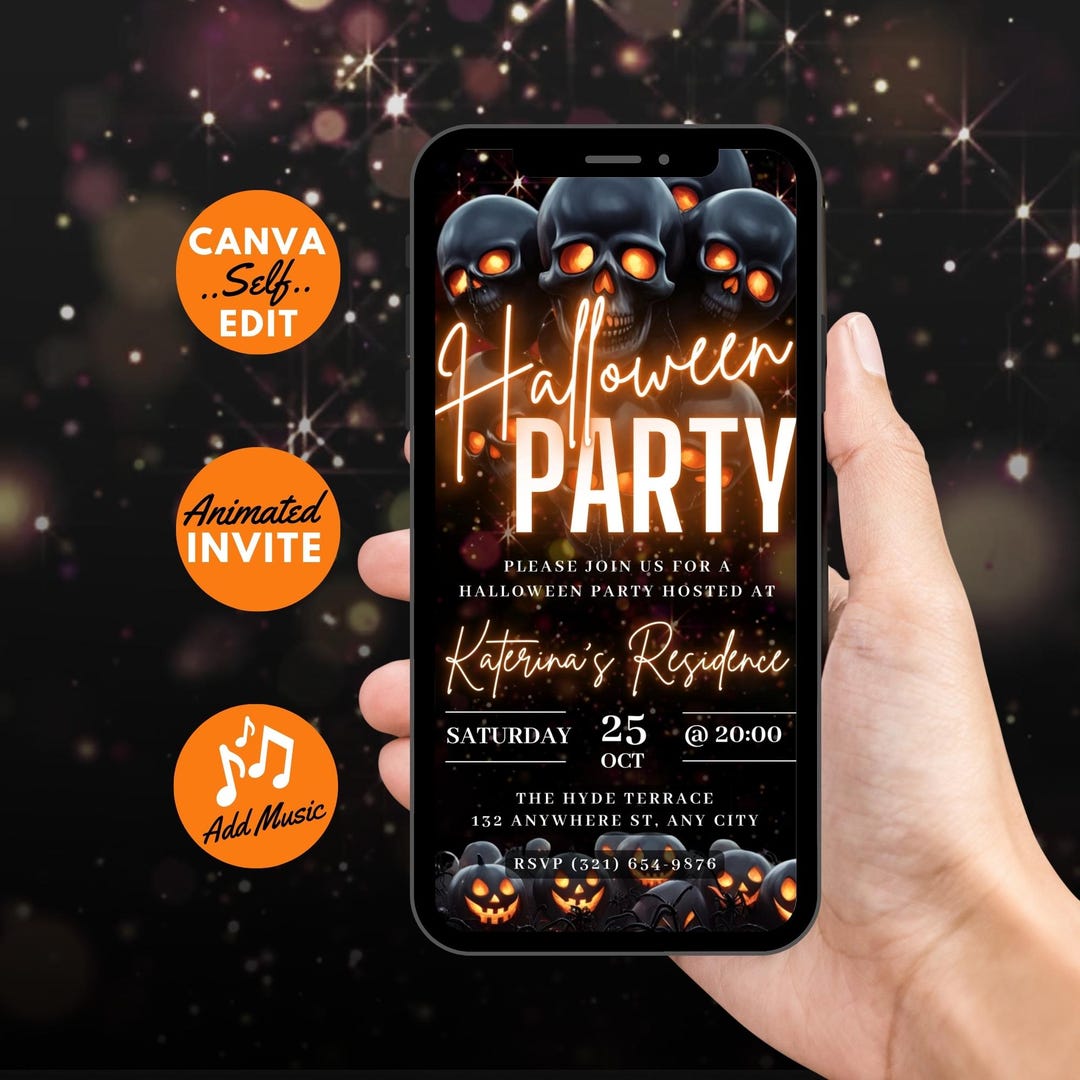 Digital Halloween Party Invitation, Animated Scull Pumpkin Party Video ...