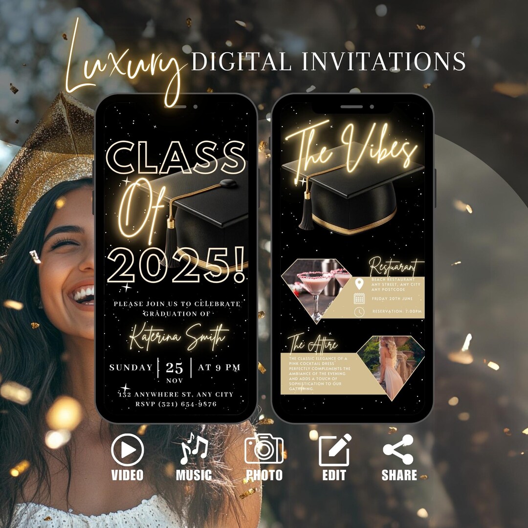 Digital Class of 2025 Graduation Invitation, Animated Gold Ceremony ...