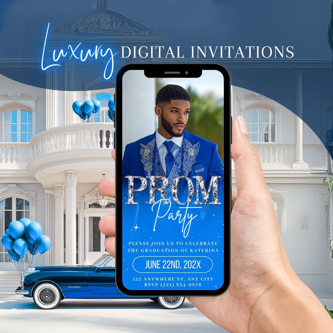 Digital Blue Prom Party Invitation, Mens Prom Send off Invite, Animated ...