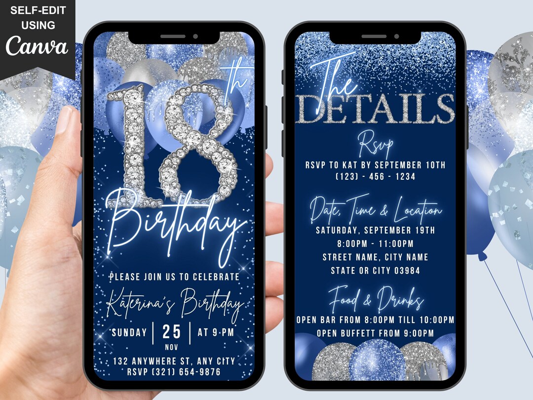 Digital 18th Birthday Invitation, Animated 18th Blue Silver Teens ...