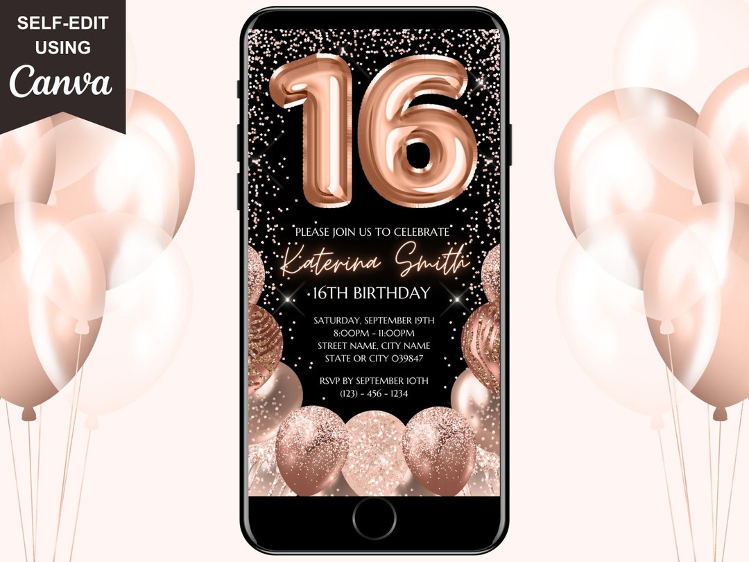 16th Birthday Digital Invitation, Electronic 16th Birthday Party Invite ...