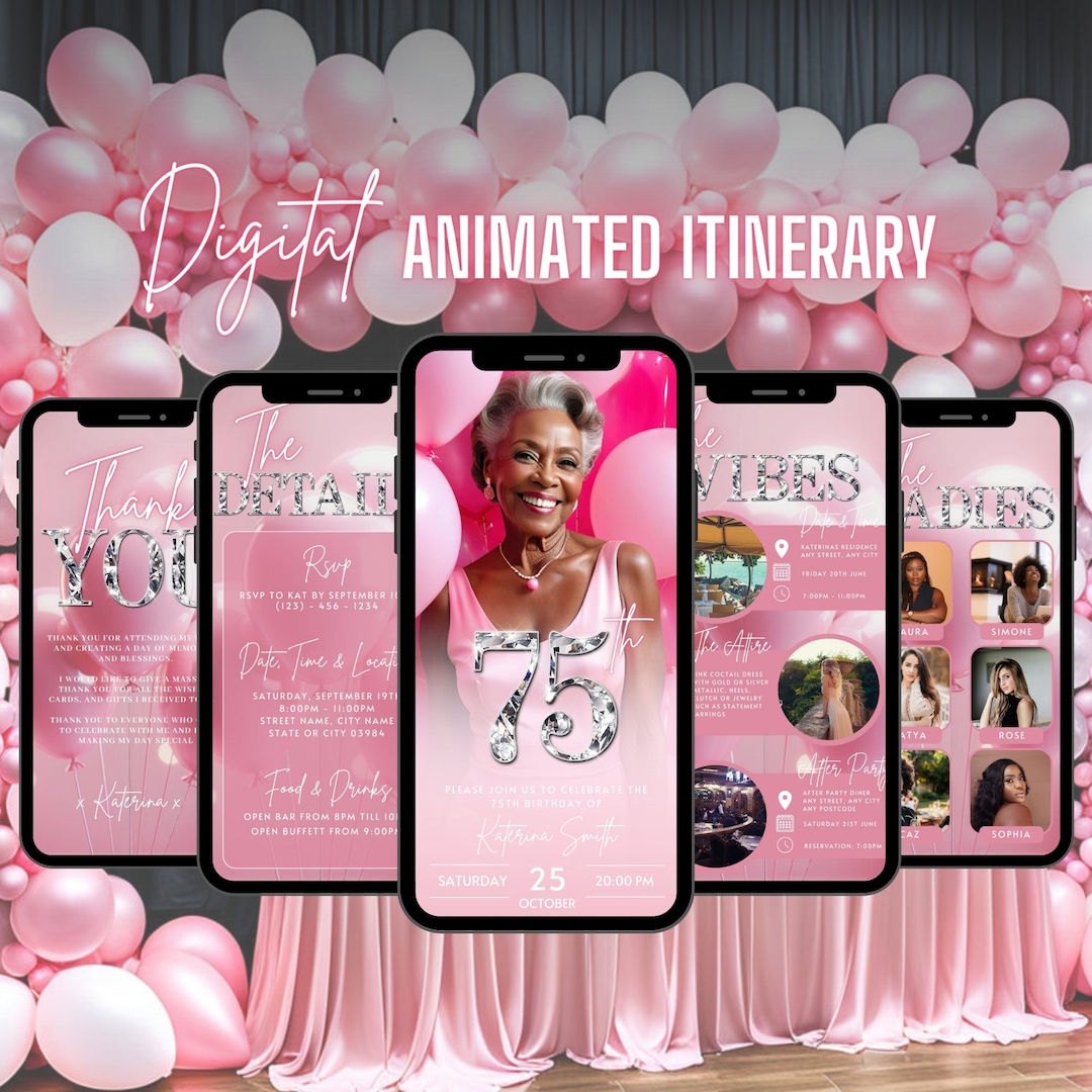 75th Digital Flyer Birthday Invitation, Blush Pink 75 Party Photo Invite for Women, Dinner Video ...