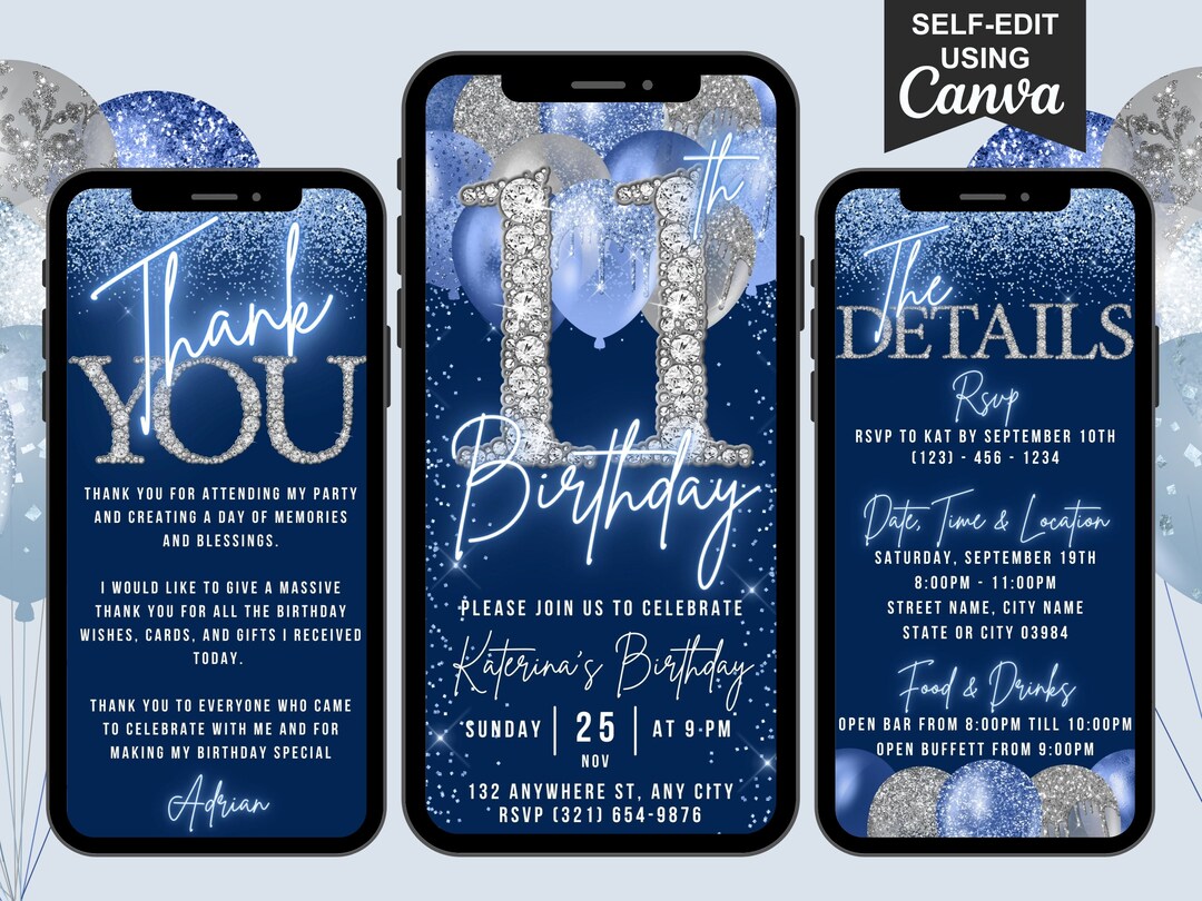 Digital 11th Birthday Invitation, Animated Blue Silver Invite, Diamond ...
