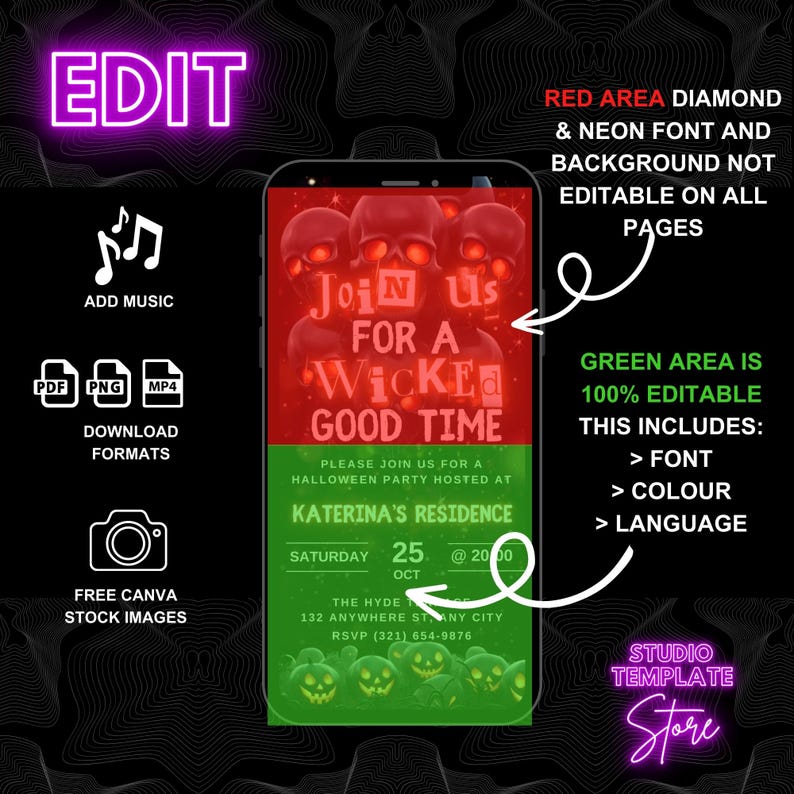 Digital Wicked Good Time Party Invitation, Download Halloween Skull ...