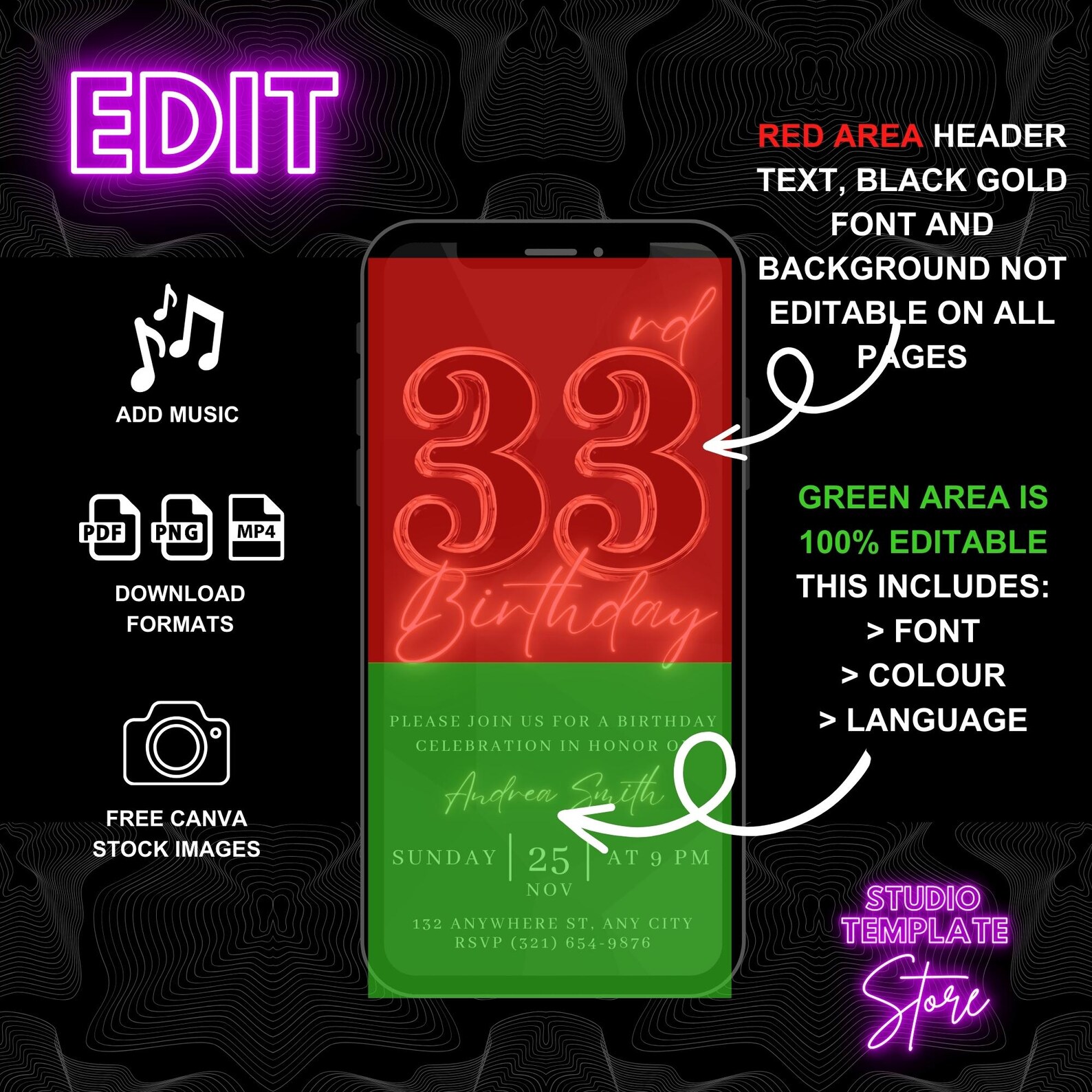 Digital 33rd Birthday Party Invitation, Animated Black Gold Dinner ...