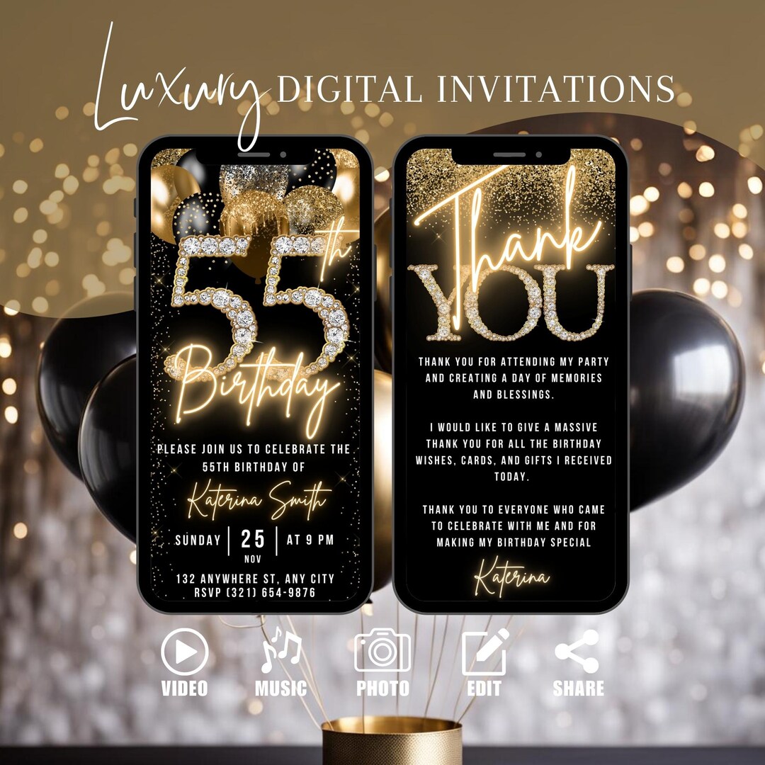 Digital 55th Birthday Invitation, 55 Gold Dinner Party Invite for Women ...