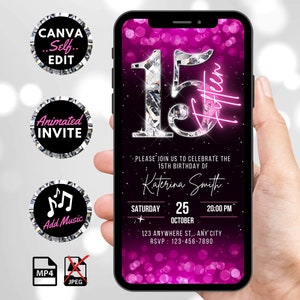 Digital 15th Birthday Invitation, Animated Glitter Pink Fifteen Party ...