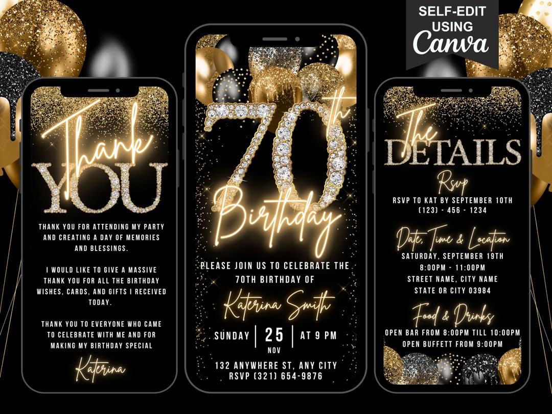 Digital 70th Birthday Invitation, 70th Invite, Black Gold Balloon ...