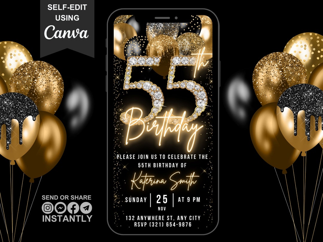 Digital 55th Birthday Invitation for Men, 55 Invite Ecard, Black Gold ...